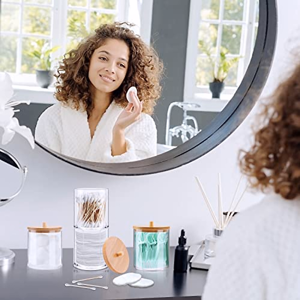 TCJJ 4 Pcs, 10 OZ Qtip Holder and Cotton Round Holder Set Apothecary Jars with Bamboo Lids, CLear Plastic Cotton Ball Pad Swab Holder for Bathroom Accessories Storage Organization