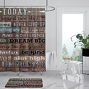 4 Pcs Inspirational Quotes Shower Curtain Set with Non-Slip Rugs, Toilet Lid Cover and Bath Mat, Motivational Words Rustic Wooden Cabin Shower Curtain Bathroom Waterproof Polyester Fabric, 72" x 72"