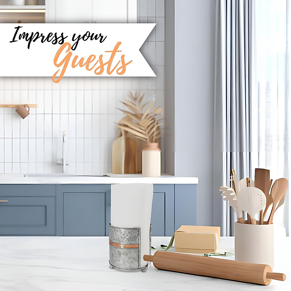 Autumn Alley Farmhouse Galvanized Kitchen Paper Towel Holder – Vintage Style Weighted Countertop Design – Rustic Warm Copper Accent with Galvanized Metal for Industrial Flair