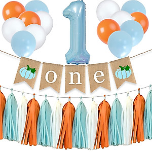 Gankbite Boy Pumpkin 1st Birthday Supplies Blue Orange Little Pumpkin One High Chair Banner Fall Burlap Autumn Cake Smash Decoration