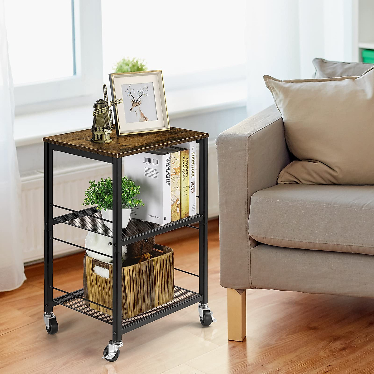 ETELI Side Table Small with Wheels Industrial Night Stand Storage Shelf 3 Tier Wood End Table with Metal Frame for Small Space Living Room Bedroom Kitchen Office