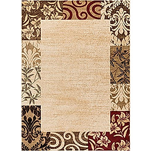 Verdant Vines Beige Modern Damask Border Rug 3x5 4x6 (3'11" x 5'3") Casual Oriental Easy Clean Stain Fade Resistant Shed Free Contemporary Floral Formal Gradient Soft Living Dining Room Rug