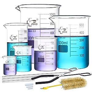 ADAMAS-BETA 14PCS Glass Beaker Set, 6 Sizes - 10ml 50ml 100ml 250ml 500ml 1000ml Graduated Beakers + 11" Beaker Tongs + 3pcs Glass Stirring Rods + 3pcs Magnetic Stir Bar + 1000ml Beaker Brush