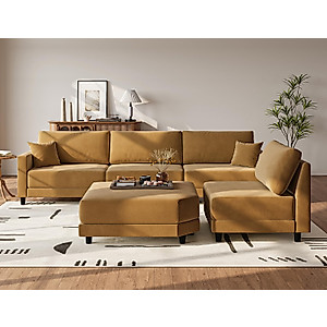 Txtin's 137" Sectional Couches for Living Room, 4 Seat Sectional Couch with Removable Ottoman, Convertible Modular Sofa for Home, Brown