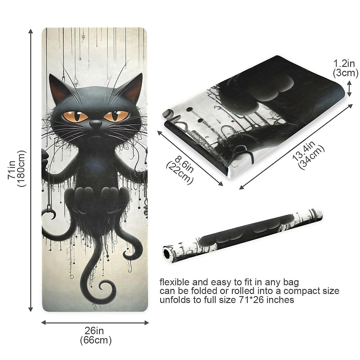 GOODOLD Funny Black Cat Yoga Mat, 71 x 26 Inch Non-slip Yoga Mats Folding Travel Exercise Mat Indoor Outdoor Gym Pilates with Storage Bag for Women Men