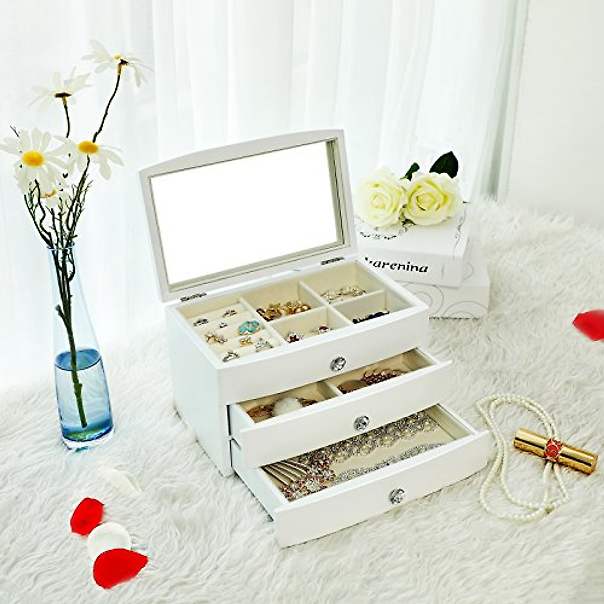 SONGMICS Jewelry Box, 3-Tier Wooden Jewelry Case, Jewelry Organizer with Large Mirror, for Rings, Necklaces, Earrings, Bracelets, White UJOW03W