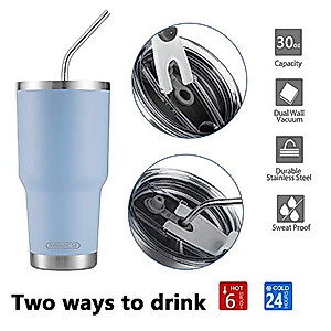 30oz Blue Tumbler Stainless Steel Double Wall Vacuum Insulated Mug with Straw and Lid, Cleaning Brush for Cold and Hot Beverages