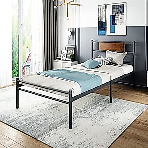 USHOW Modern Black Metal Bed Frame Twin Size with Headboard and Footboard Sturdy Metal Frame Premium Steel Slat Support Easy Assembly （Twin,Black）