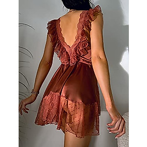 Milumia Women's Satin Lace Chemise Nightgown Bow Tie Ruffle Swiss Dots Lingerie Dress Sleepwear Rust Brown Small