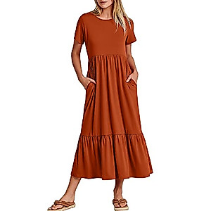 ANRABESS Women's Summer Casual Short Sleeve Crewneck Swing Dress Casual Flowy Tiered Maxi Beach Dress with Pockets 727zongse-S