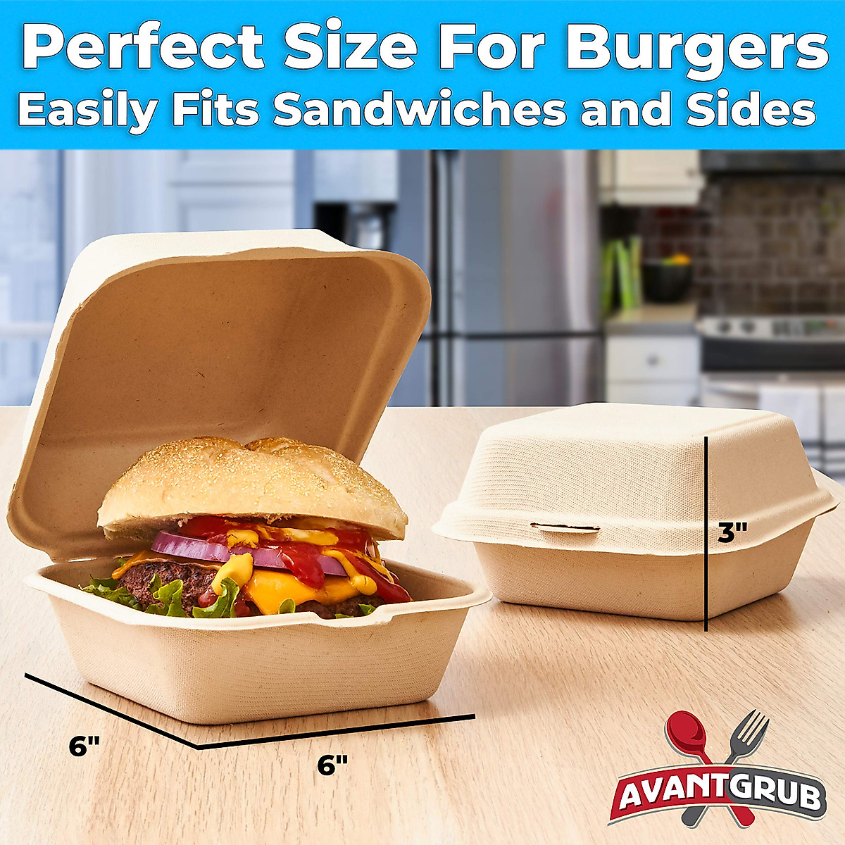 Avant Grub Durable, Grease-Proof 6x6 Clamshell Small To Go Box 100pk. Disposable, Leak-Proof and Microwavable Take Out Food Container With Hinged Lid. Great for Parties, Restaurants and Food Trucks!