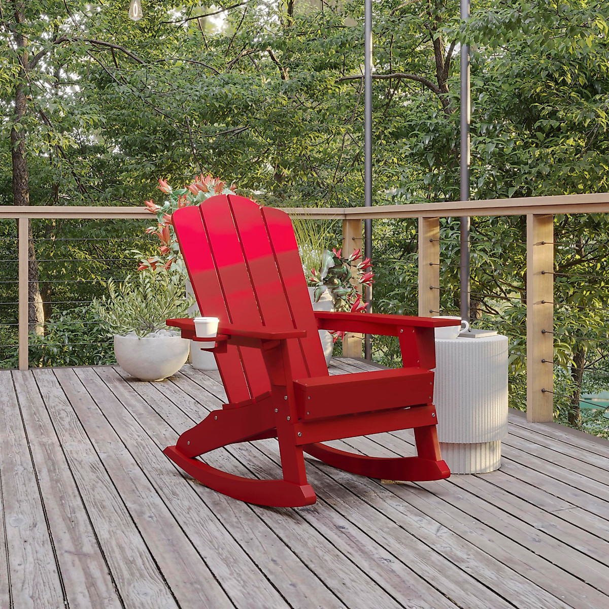 Flash Furniture Newport Adirondack Rocking Chair with Cup Holder, Weather Resistant Poly Resin Adirondack Rocking Chair, Red