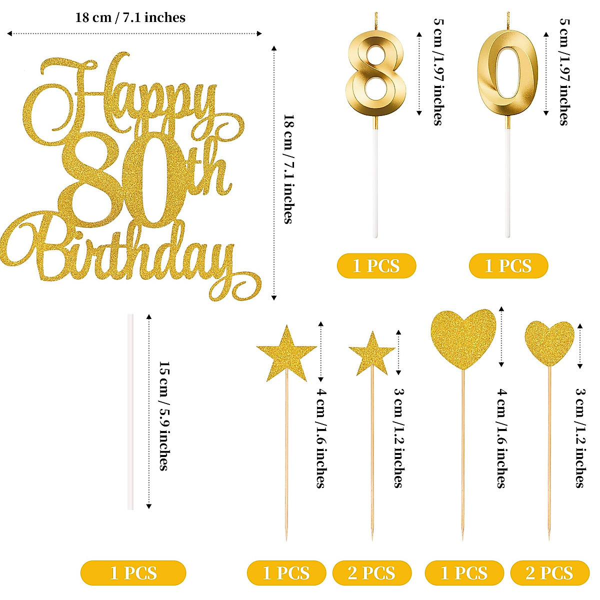 Lecferrarc 80th Birthday Cake Decorations, 80th Birthday Candles Cake Numeral Candles and Glitter Happy 80th Birthday Cake Toppers Set for Birthday Party Supplies (Gold)