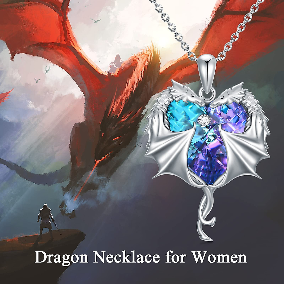 AOBOCO Dragon Necklace Sterling Silver Dragon Heart Pendant Necklace with Purple Austrian Crystal Dragon Jewelry Gift for Women