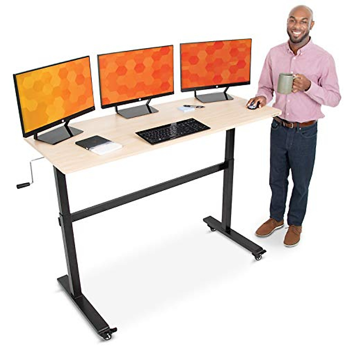 Stand Steady Tranzendesk | 55 Inch Standing Desk with Detachable Wheels | Crank Height Adjustable Sit to Stand Workstation | Modern Ergonomic Desk Supports 3 Monitors  (Maple)