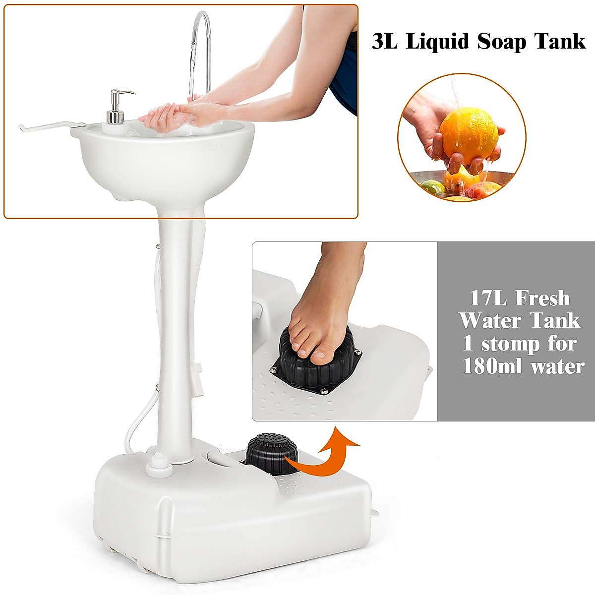 S AFSTAR Portable Camping Sink, Hand Wash Basin Stand w/ 17L Water Tank & Soap Dispenser, Rolling Hand Washing Station w/Towel Holder & Foot Pump, for Garden, Outdoor Sink Hand Wash Station