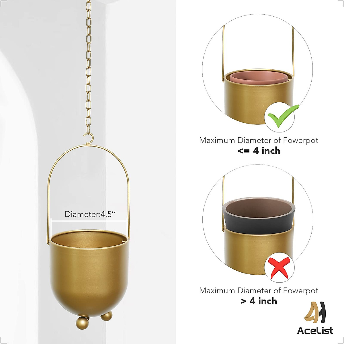 AceList Boho Gold Metal Hanging Planters, Set of 2 with Hooks & Chains - Versatile Wall & Ceiling Plant Hangers for Indoor/Outdoor Décor