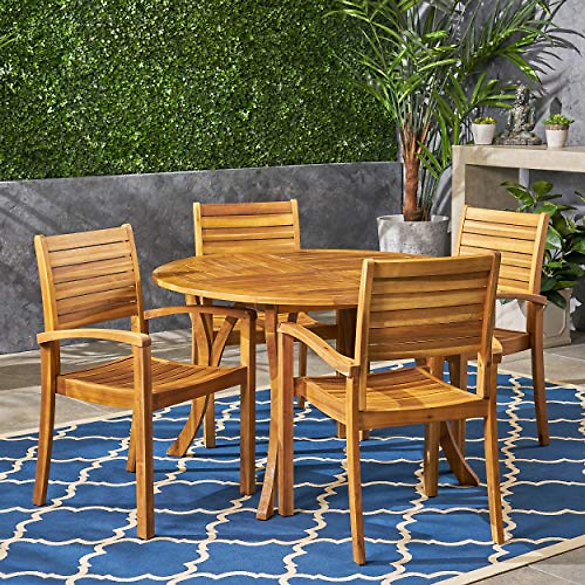 Christopher Knight Home Payne Outdoor 4-Seater Round Acacia Wood Dining Set, Teak Finish