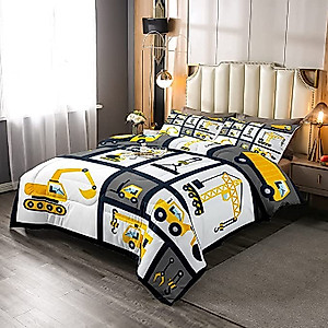 Feelyou Boys Construction Bedding Set King Size Kids Machinery Truck Comforter for Children Construction Site Car Vehicle Decor Comforter Set Excavators Quilt Set Bedroom Decor Quilt Cover 3Pcs