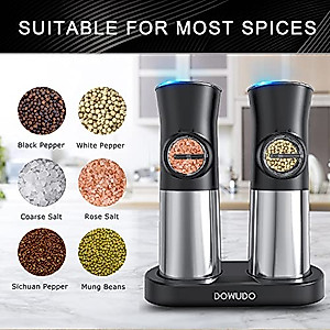 DOWUDO Gravity Electric Salt and Pepper Grinder Set, Automatic Pepper Mill, USB Rechargeable Base, Adjustable Coarseness, Refillable, One-handed Operation,Stainless Steel,LED Light