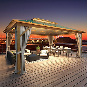 MELLCOM 12' x 16' Hardtop Gazebo, Wooden Grain Coated Aluminum Frame Outdoor Gazebo with Aluminum Double Roof, Claret Metal Gazebo with Curtains and Nettings for Patios, Gardens, Lawns