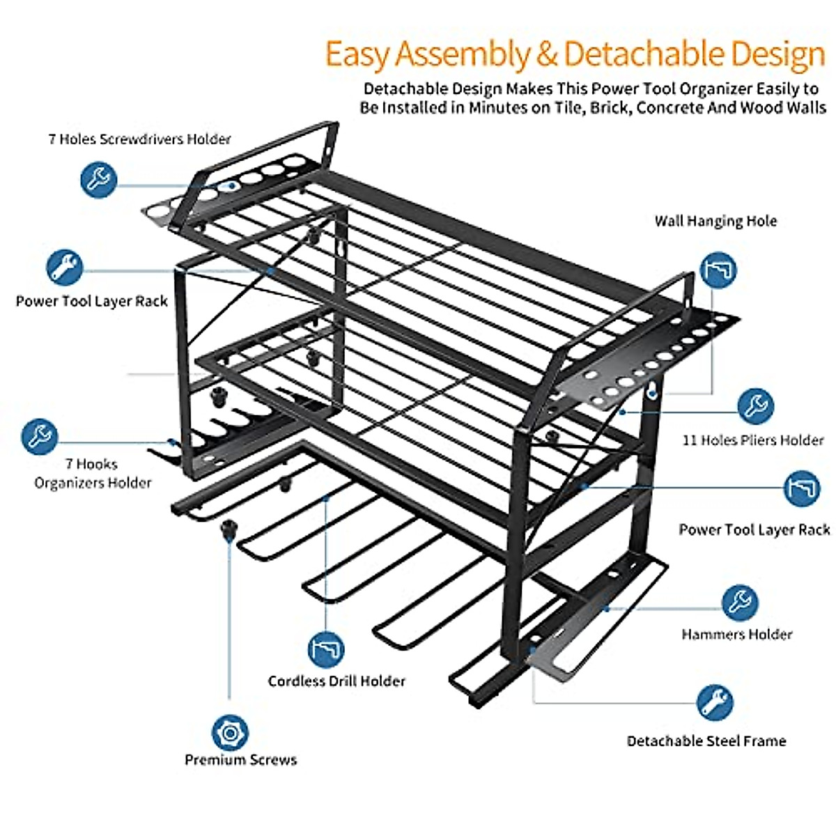 LIYJTK Power Tool Organizer, 3 Layers Heavy Duty Garage Tool Organizers and Storage, Drill Holder Wall Mount Floating Tool Shelf Storage Rack for Garage Organization Gift for Men Dad Father's Day