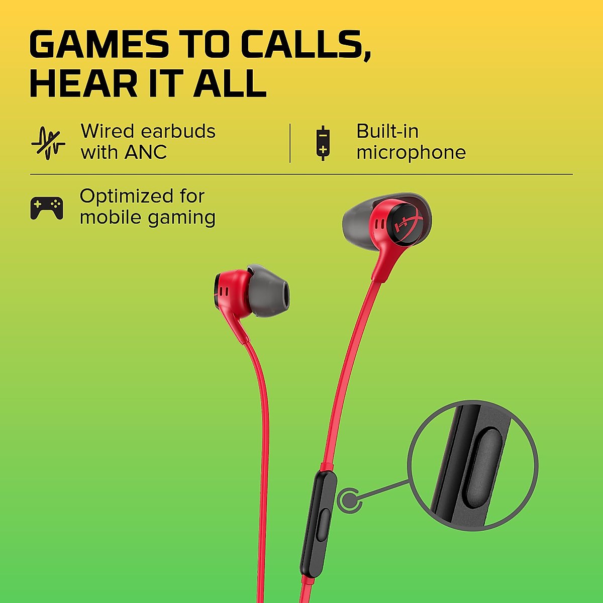 HyperX Cloud Earbuds II – 14mm Drivers, Four Eartips, Hard-Shell Carrying Case, Low-Profile 90° Plug, 3.5mm Plug, Built-in Microphone, Multi-Function Button, PC, Mobile, Nintendo Switch – Red
