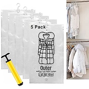 5PCS Large Hanging Vacuum Storage Bags, Reusable Space Saver Vacuum Seal Storage Bags for Clothing with Hand Pumps, Hanging Sealer Bags for Coats, Suits, Jackets and Quilts (27"×44")