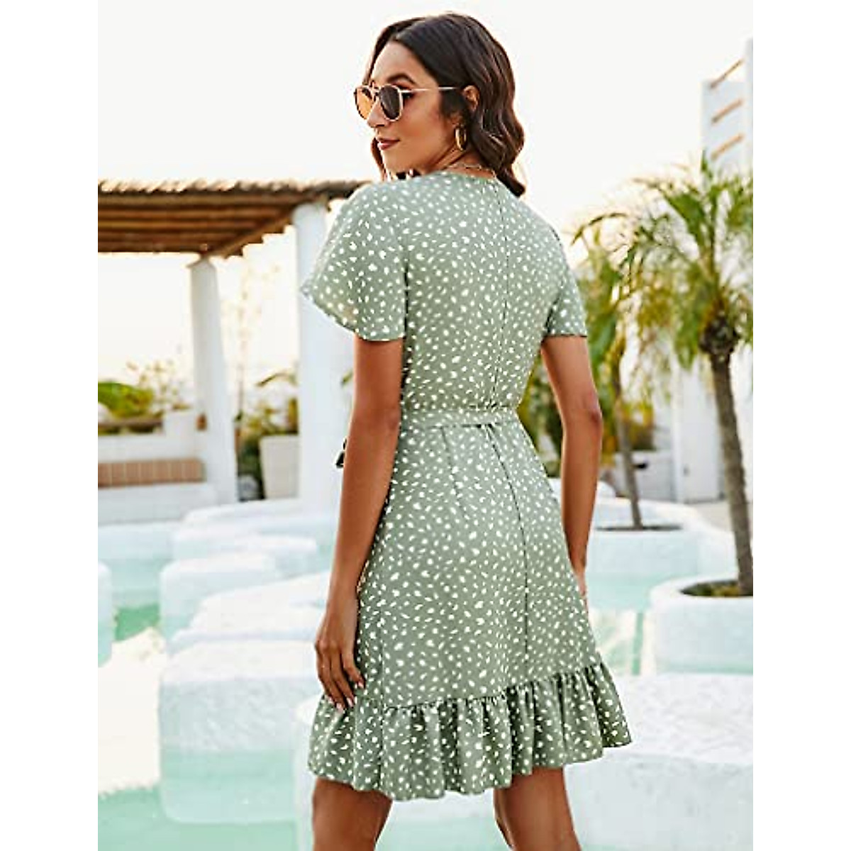 Naggoo Summer Dress for Women Short Wrap Dress Country Dress Sage Green S