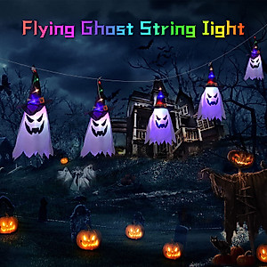 Halloween Decorations Outdoor,Hanging Glowing Ghost Witch Hat with String Lights,Scary Halloween Tree Decorations Ornaments for Indoor Outside Home Window Porch Garden Yard Party Decor
