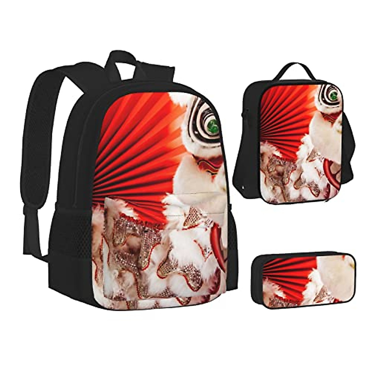 Spring Festival Lion Dance 3 Piece Backpacks Set Cute Adjustable Shoulder Strap Daypack Combination Bag