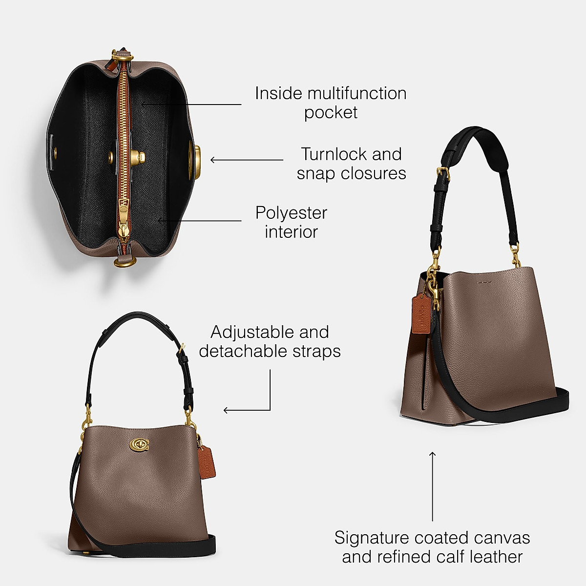 COACH Colorblock Leather Willow Bucket, Dark Stone, One Size