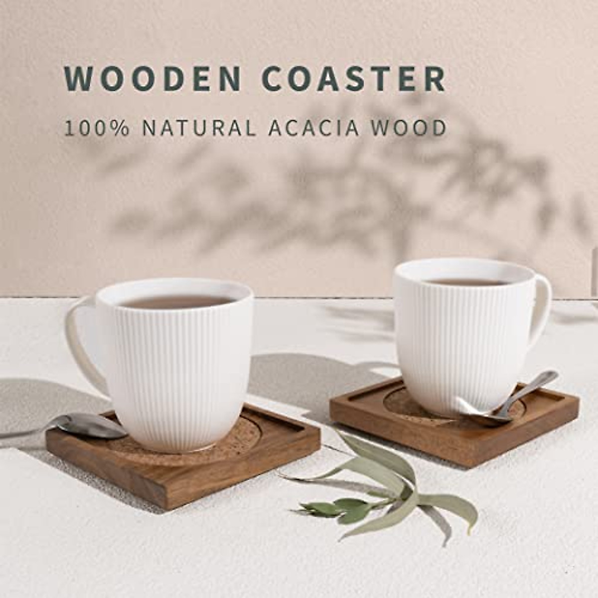 NAUMOO Natural Wood Large Coasters - Set of 4 - Absorbent Cork Pad for Table Protection - Large Wooden Coaster for Drinks, Coffee Cups, Mugs - Rustic Farmhouse Decor