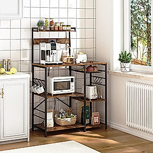 SUPERJARE Bakers Rack with Power Outlet, Microwave Stand, Coffee Bar with Wire Basket, Kitchen Storage Rack with 6 S-Hooks, Kitchen Shelves for Spices, Pots and Pans - Rustic Brown