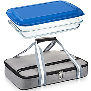 FoldTier Glass Casserole with Casserole Carrier 9 x 13 Inch Glass Baking Dish with Lid Insulated Bag for Hot or Cold Food Deep Casserole Dish for Oven for Potluck Party Picnic Cookouts