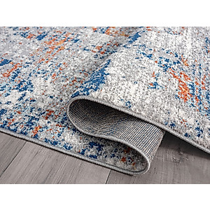 Abani Blue, Grey & Orange Area Rug, Abstract Vintage 4 by 6 Foot Rugs Contemporary Living Room Accent Carpet