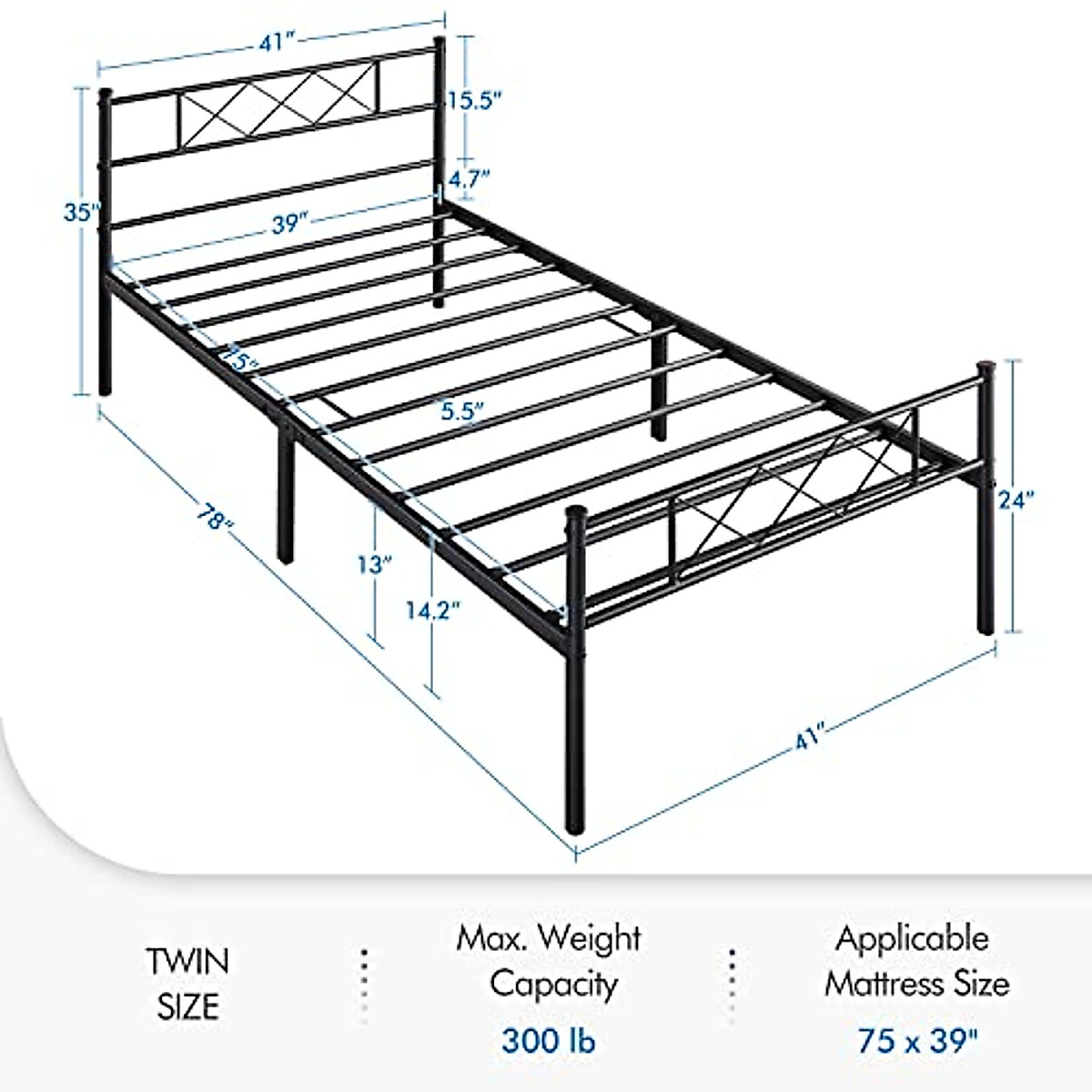 Topeakmart Black Metal Bed Frame with Headboard Mattress Foundation/Platform Bed/Slatted Bed Base, Twin Size