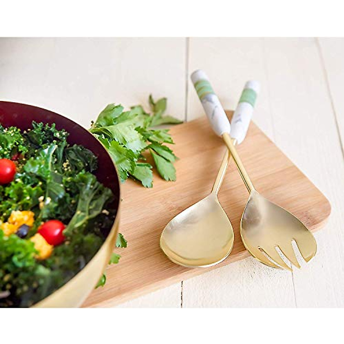 Folkulture Serving Spoons or Salad Servers for Modern Kitchen, Stainless Steel Serving Utensils - Spoon and Fork for Serving Salad, 12-inch Cooking Utensils Set with Marble Handle, Pearl White