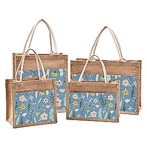 JUNZAN Flowers Leaves and Berries Jute Tote Bags Burlap Reusable Straw Bag for Beach Shopping Grocery Bags Wedding Gift