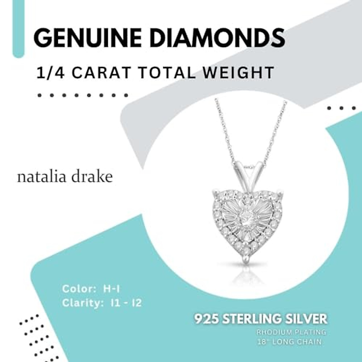 NATALIA DRAKE 1/4 Cttw Heart Halo Diamond Necklace for Women in Rhodium Plated 925 Sterling Silver Color H-I/Clarity I1-I2