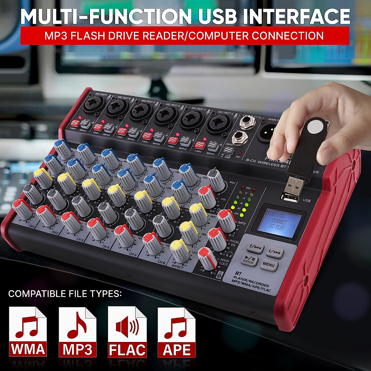 Pyle Professional Wireless DJ Audio Mixer - 8-Channel Bluetooth Compatible DJ Controller Sound Mixer w/USB Port, 6 Mic/Line Input, ¼” Mono/Stereo Input, Headphone Jack, 48V Phantom Power - PMX848BT