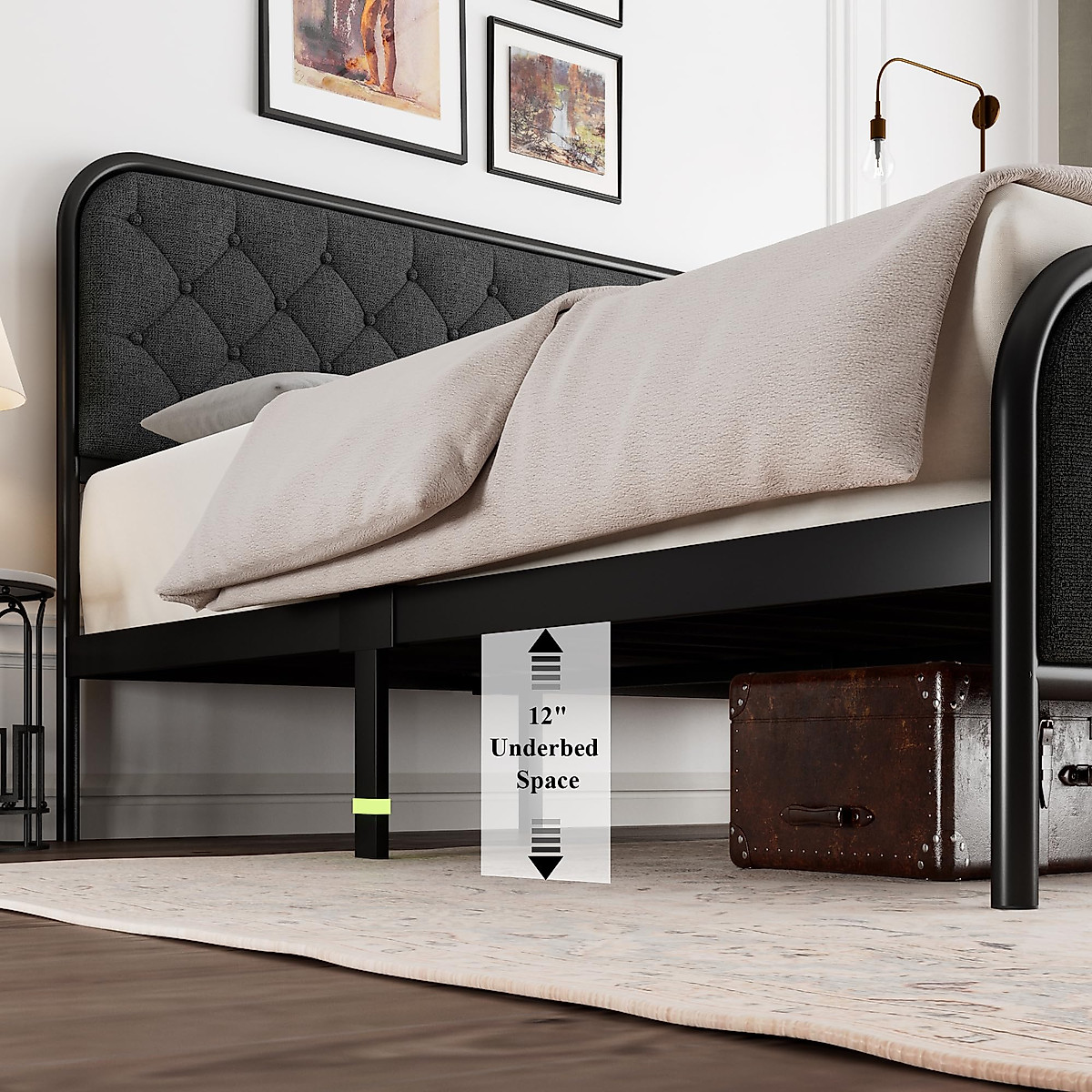 Feonase King Size Bed Frame with Linen Upholstered Headboard, Heavy Duty Metal Platform Bed with 12" Under-Bed Storage Space, No Box Spring Required, Easy to Assemble, Gray