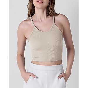 ASLABCREW Women's Crop 4 Piece Seamless Ribbed Camisole Strappy Cropped Tank Tops, Mushroom+Clay+Brunette+Wine, Medium/Large