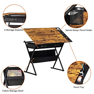 VECELO Drafting Table Adjustable Desk Tilted Tabletop with 2 Storage Drawers and Stool, Art Workstation for Artist Painters Drawing, Crafting, Reading, Writing, Home Office, Rustic Brown