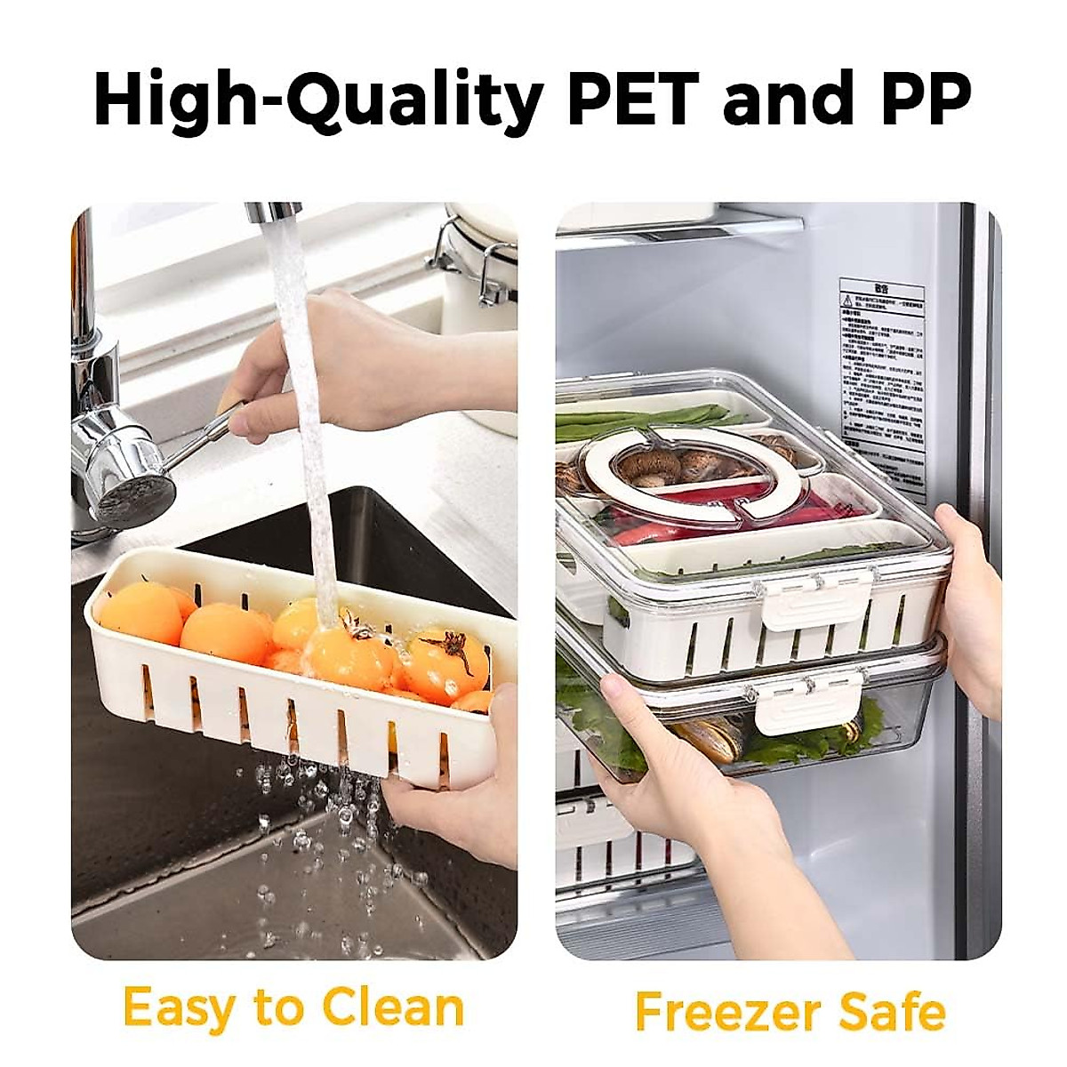 MININAI Divided Serving Tray with Lid and Handle, Snack Box Charcuterie Container Portable Fridge Organizer for Fruits, Veggie, Candy, Nuts, Picnic, Party (2), White