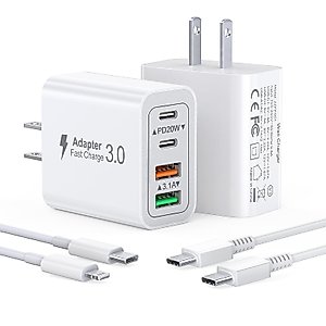 2 Pack USB C Charger, 40W 4-Port Fast USB C Wall Charger Block Dual Port PD+QC Plug Multiport Charging Block for iPhone15 14 13 12 11 Pro Max XS XR 8 7,iPad, Samsung,Tablet(with 2Pack 6.6ft Cable)
