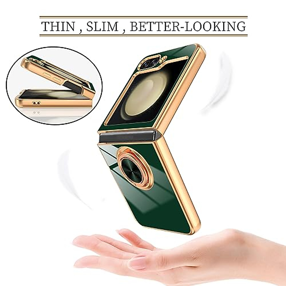 Dinick Compatible for Samsung Galaxy Z Flip 5 Case with Ring Holder Kickstand [with Magnetic] Soft TPU Shockproof Electroplated Protective Phone Case for Galaxy Z Flip 5 Green