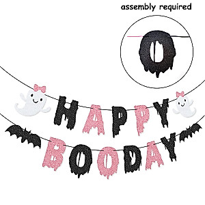 Pink Black Happy Boo Day Banner Happy Boo Day Cake Topper for Pink and Black Girl Halloween Birthday Party Decorations