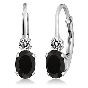 Gem Stone King 14K White Gold Black Onyx and White Diamond Leverback Earrings For Women | 0.85 Cttw | Gemstone December Birthstone | Oval 6X4MM, Round 2MM | 3/4 Inch