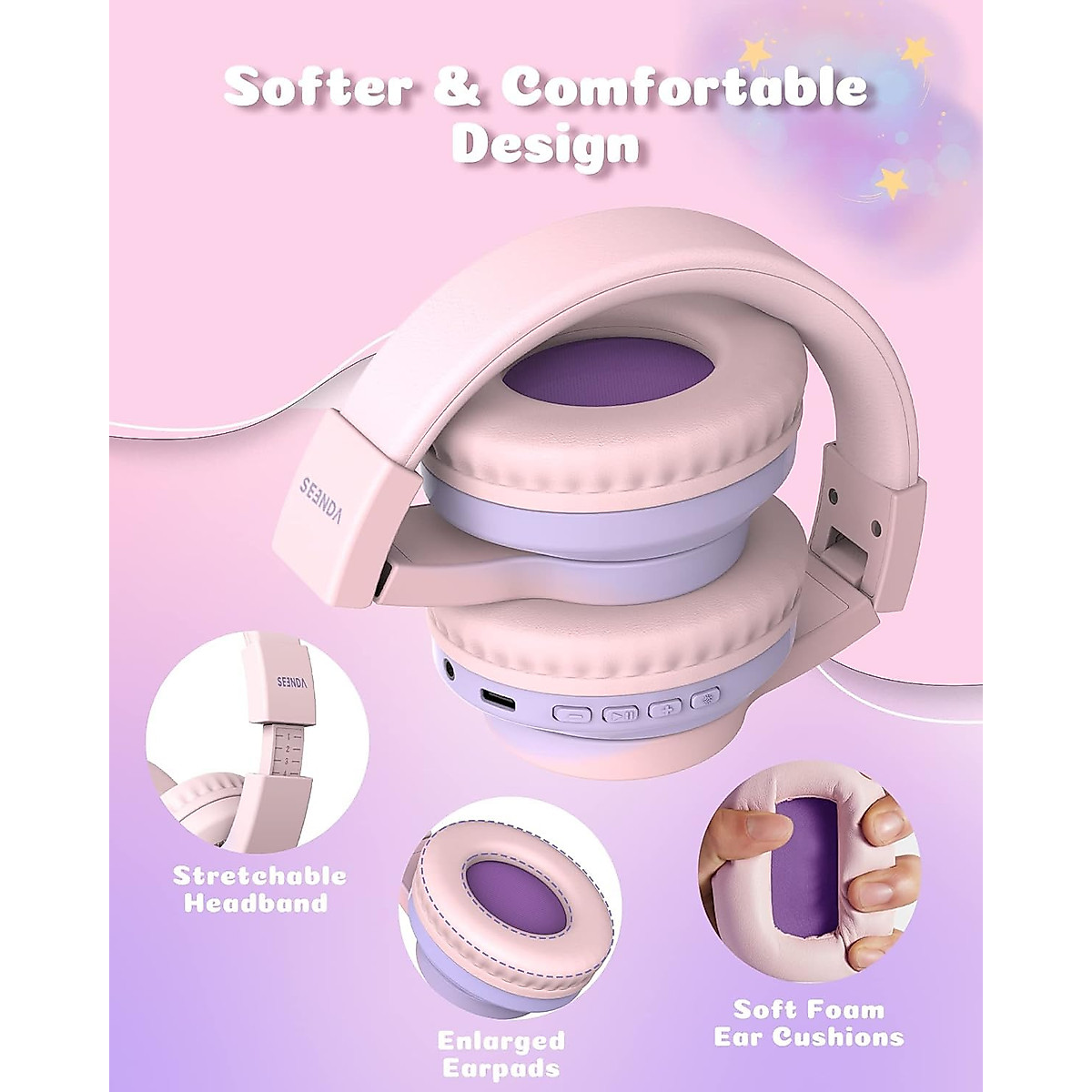 seenda Kids Bluetooth Headphones, Colorful Wireless Over Ear Headset with 85dB/94dB Volume Limited, 45H Playtime, 3 Lighting Modes, Built-in Mic Headphones for Boys Girls iPad Tablet School Pink